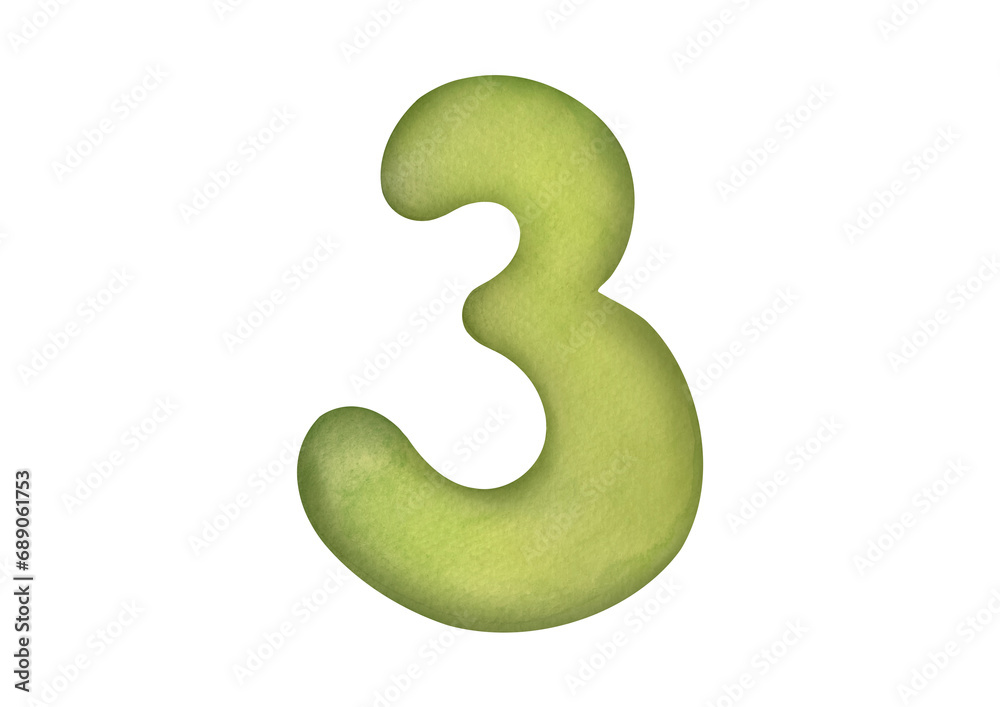 cut out Watercolor one green digit three 3 isolated on transparent ...