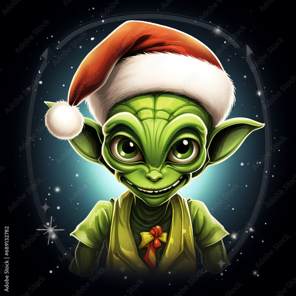 alien in christmas style, cartoon, logo, no background, with border ...