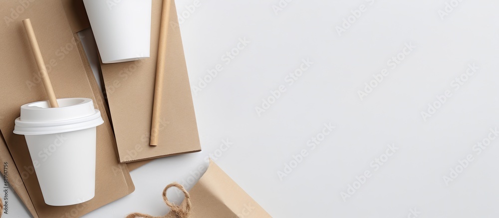 Eco friendly paper cups straws and bag on gray background representing ...