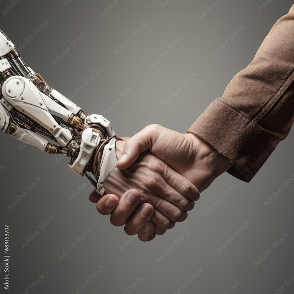 Human and robot handshake, hand is brown, robot have a white cover ...