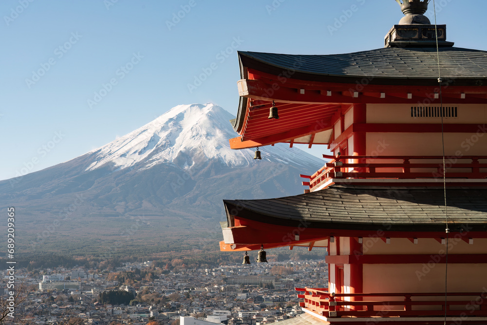 Red autumn in Japan. Chureito pagoda in Fujiyoshida with mount Fuji. Beautiful japanese landmark ...
