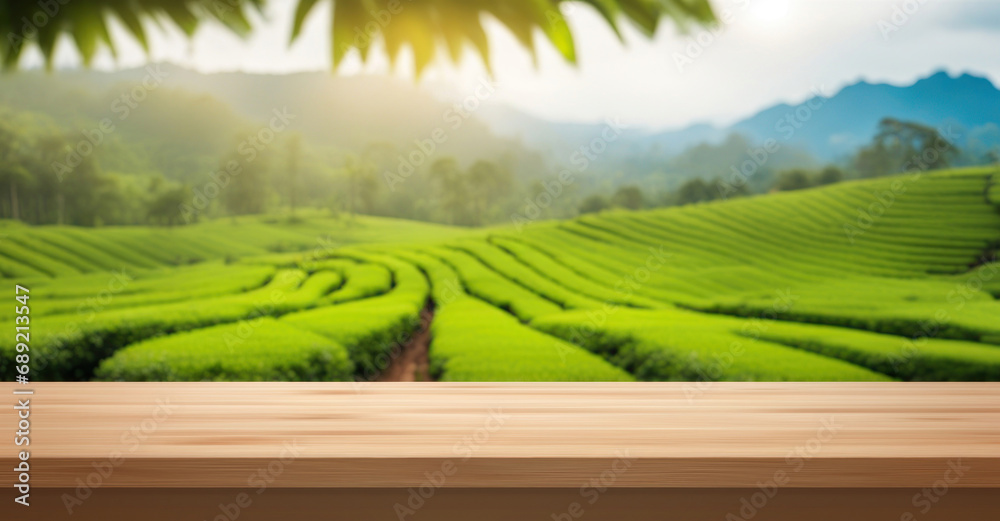 Tea plantation background with empty space. Empty wooden table top in ...