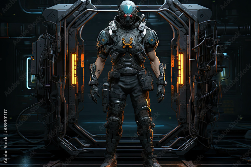 Rugged cybernetic mercenary equipped with advanced weaponry, augmented ...