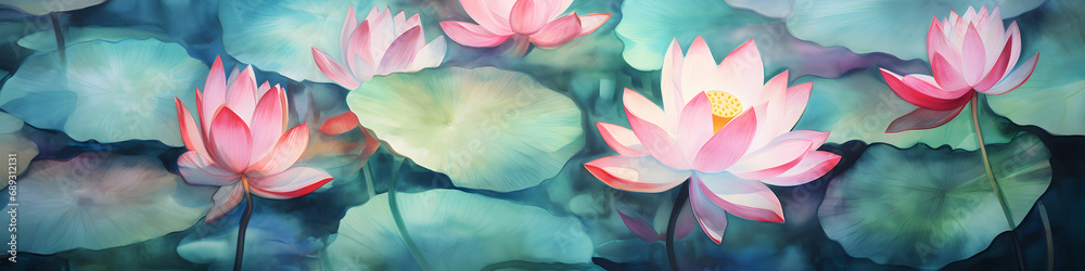 watercolour lotus flowers background banner Stock Illustration | Adobe ...