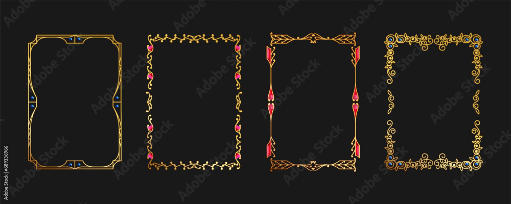 Engraved gold frame inlaid with jewelry stones. Isolated vector set of ...