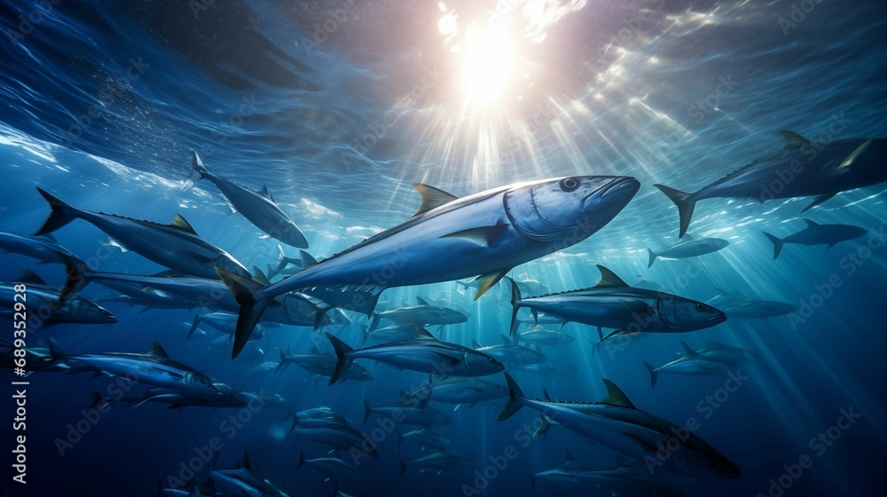 Swarm of tuna fish swimming in the sea. Stock Photo | Adobe Stock