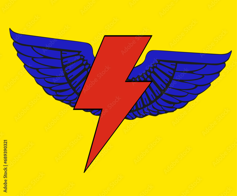 Thunder symbol t-shirt design with wings on a yellow background ...