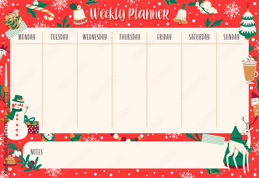 Cute Christmas and holiday winter weekly planner with with traditional ...