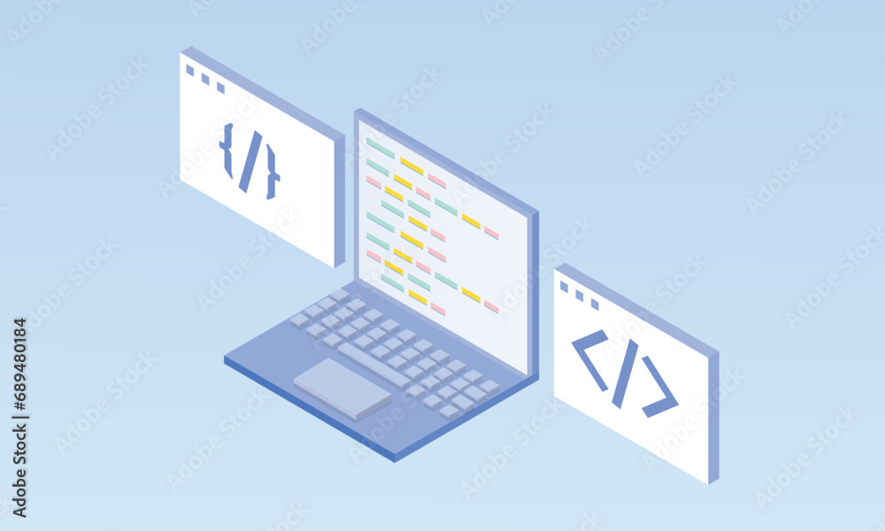 3d minimal Encoding Icon Coding screen web development concept.on Pastel Blue background.3d ...