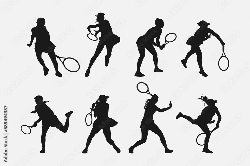 set of female tennis players silhouettes. various different poses ...