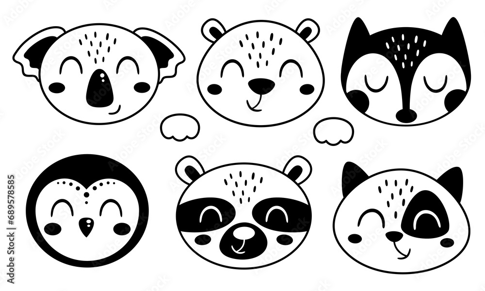 Black and white animal heads clipart in cartoon flat style. Cute animal ...
