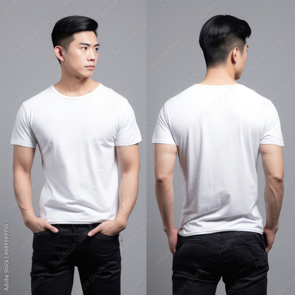 muscular cute handsome asian male model wearing a regular fit white t shirt , frontal view and ...