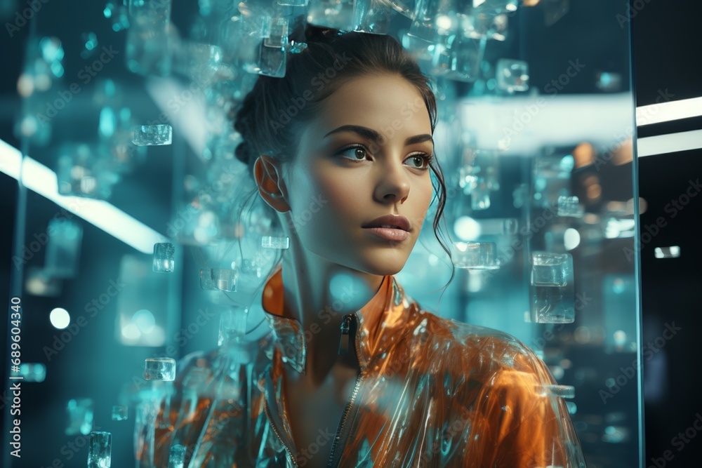 ai deep learning computer coding female person with a holographic screen as a face smart ...