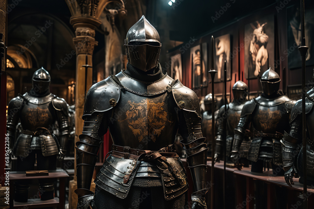 Imposing display of medieval weaponry and armor in an ancient royal ...