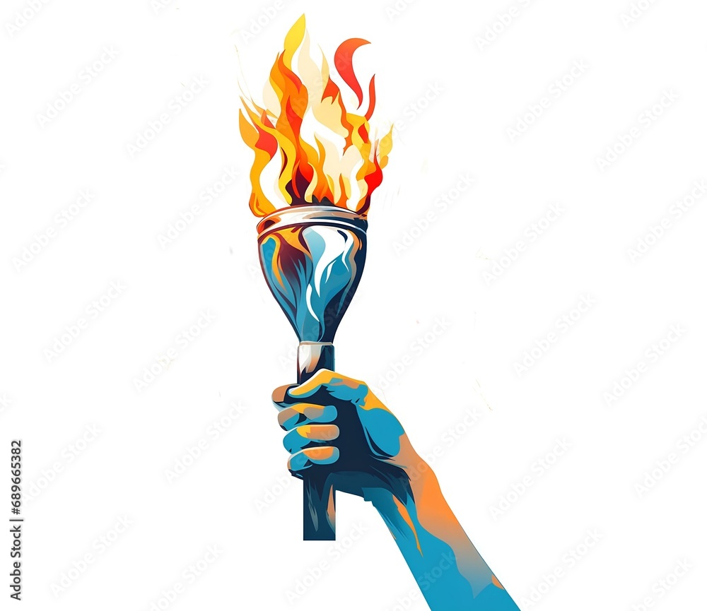 Hand holding the Olympic torch is a bright, colorful illustration of ...