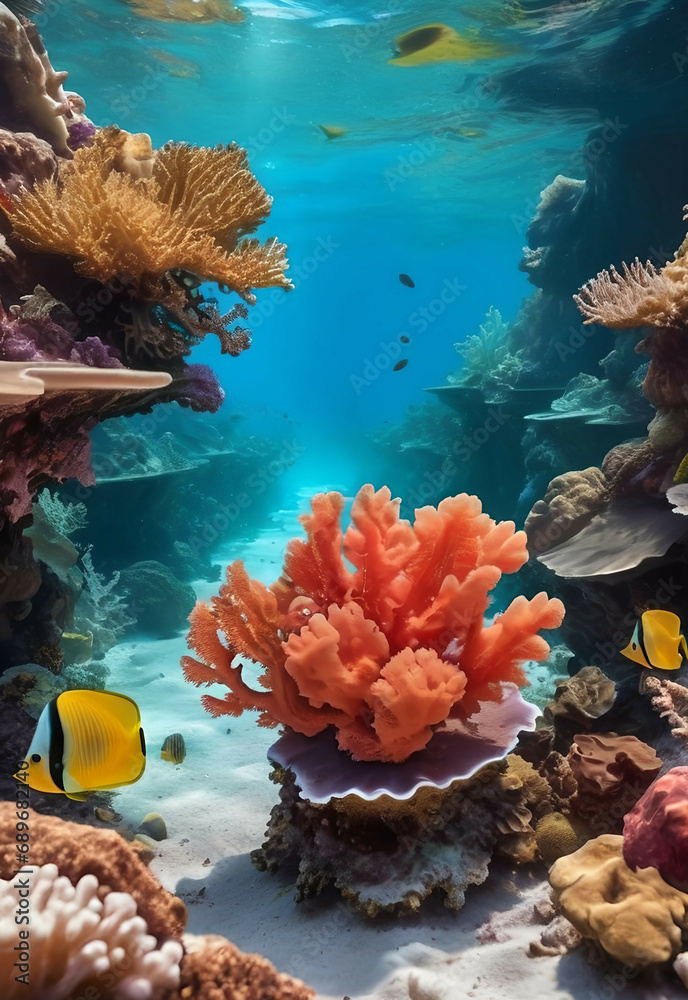 Beautiful underwater scenery with various types of fish and coral reefs ...