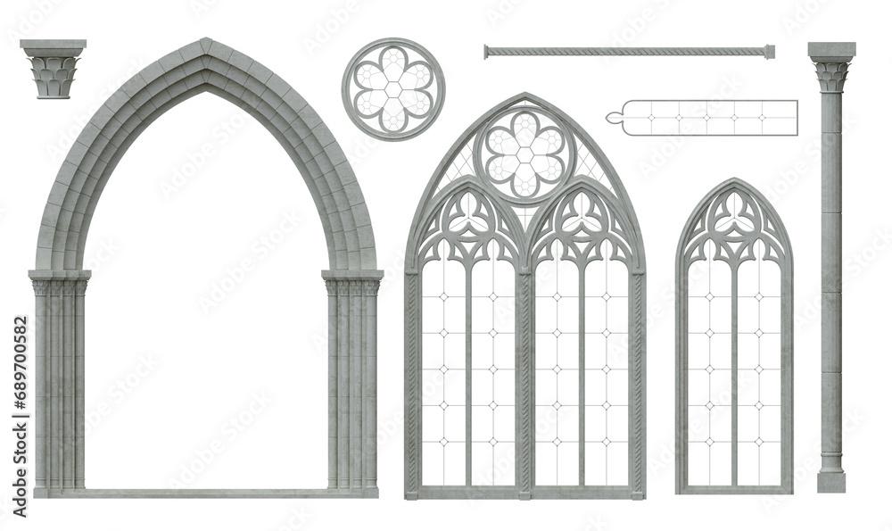 3D illustration. Set of gothic cathedral window elements textures Stock ...