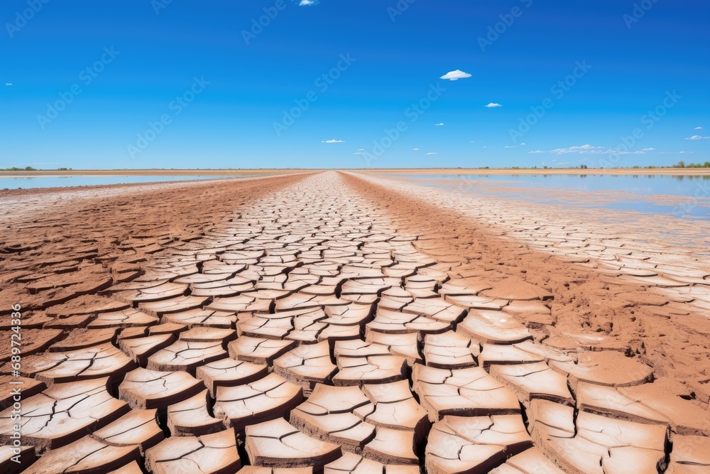 Cracked mud stretches along the side of a drying river. The image ...