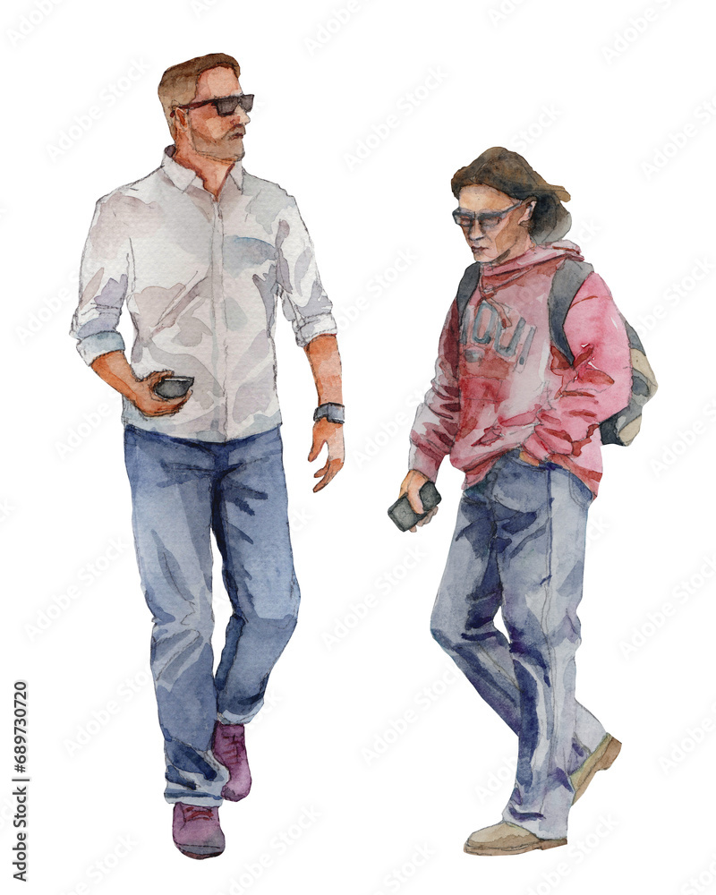 Isolated walking people in watercolor illustration on white or ...