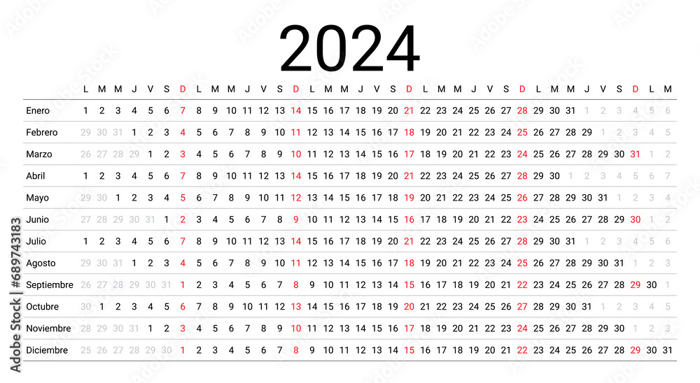 2024 Spanish calendar. Linear planner for year. Yearly horizontal ...