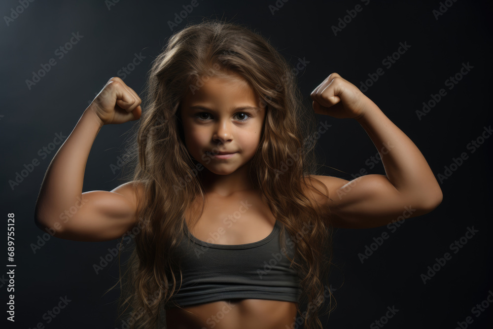 Little girl bodybuilder shows huge biceps Stock Photo | Adobe Stock