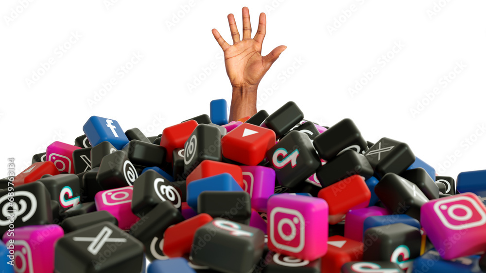 Hand downing in various popular social media logos over transparent ...