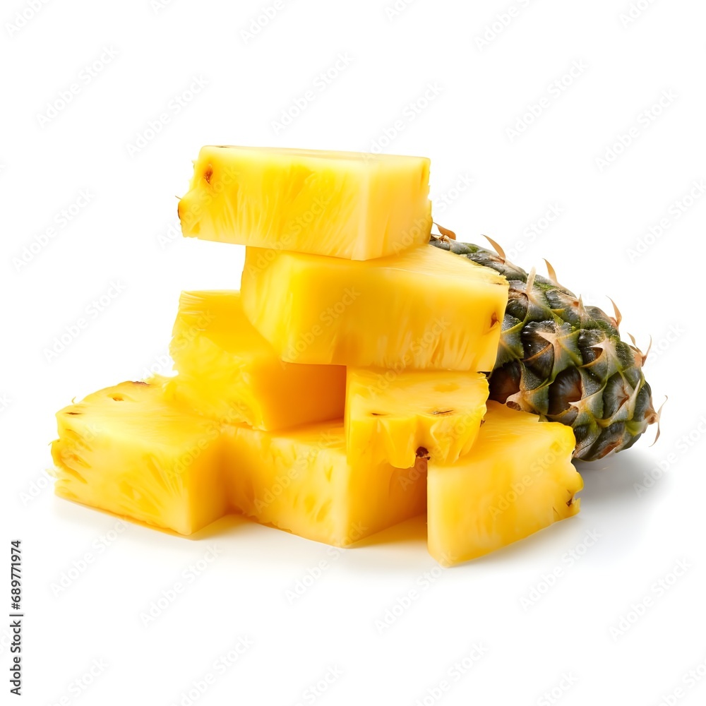 Fresh cut pineapple isolated. Whole pineapple with slice, piece and ...