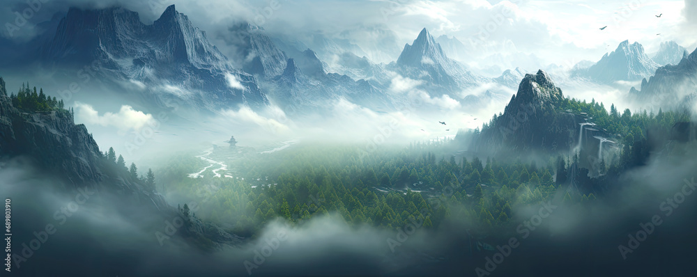 Fantasy mountain country background. Mesmerizing landscape with a foggy ...