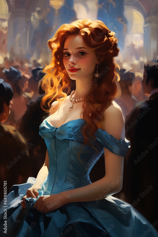 woman blue dress still young fortune computer long curl red hair ...