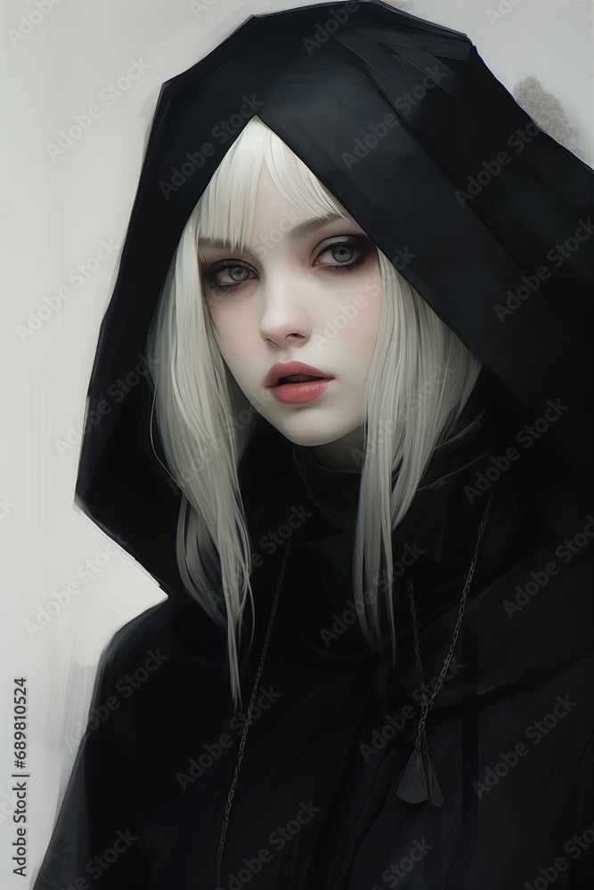 woman white hair black hoodie posing sclera eyes dressed cloak killer ...