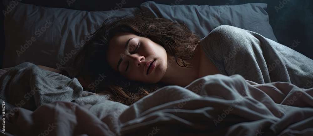 Above view upset worried lonely woman lying in bed alone suffers from ...