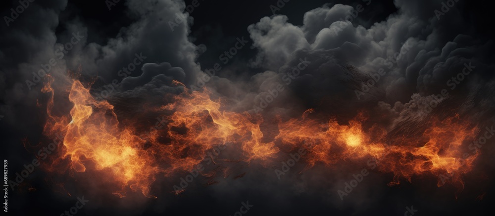Burning building with flames and black smoke. Copyspace image. Square ...