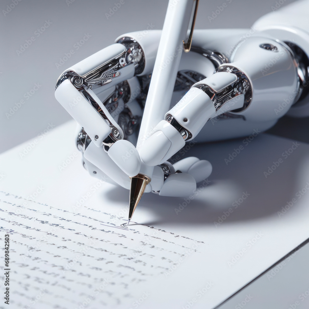 Robotic white hand with pen write on blank letter closeup. ai ...