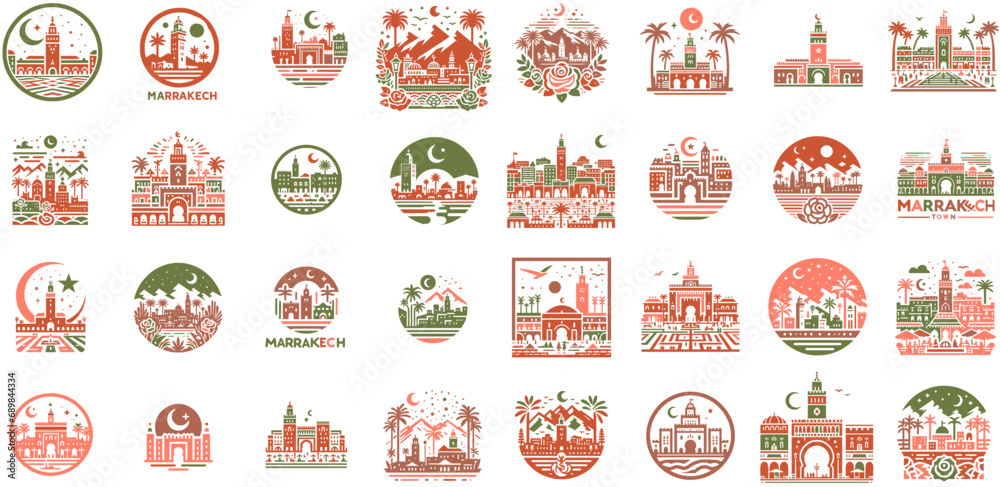 Moroccan Landmarks Marrakech Vector Silhouette Icons and Pictograms Set ...