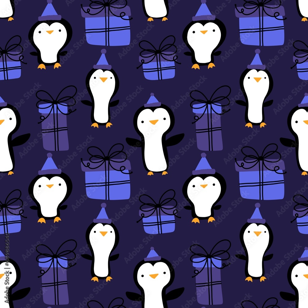Christmas animals seamless penguin pattern for wrapping paper and ...