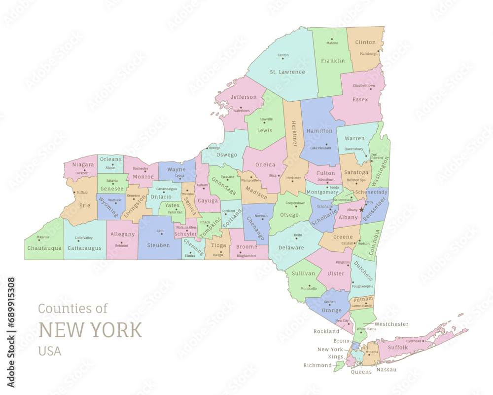 Counties of New York federal state, administrative map of USA. Highly ...