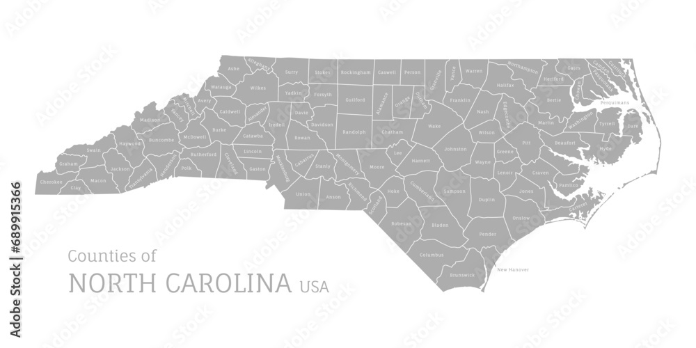 Highly detailed gray map of North Carolina with county lines, US state ...