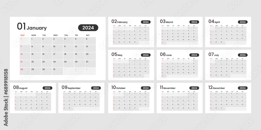 Flat minimalist 2024 monthly calendar template. Corporate design ...