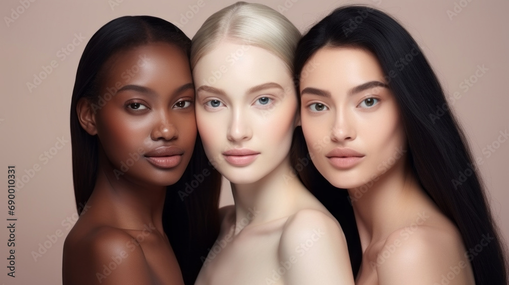 Beautiful women with beautiful faces. Skin care editorial. Three ...