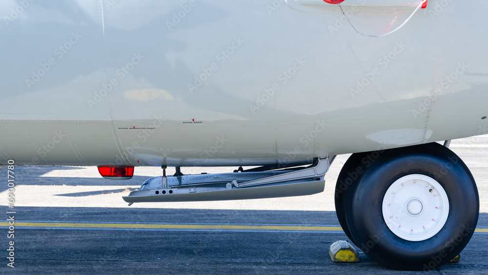 Main landing gear of big wide body aircraft, Airplane parts. Fuselage ...