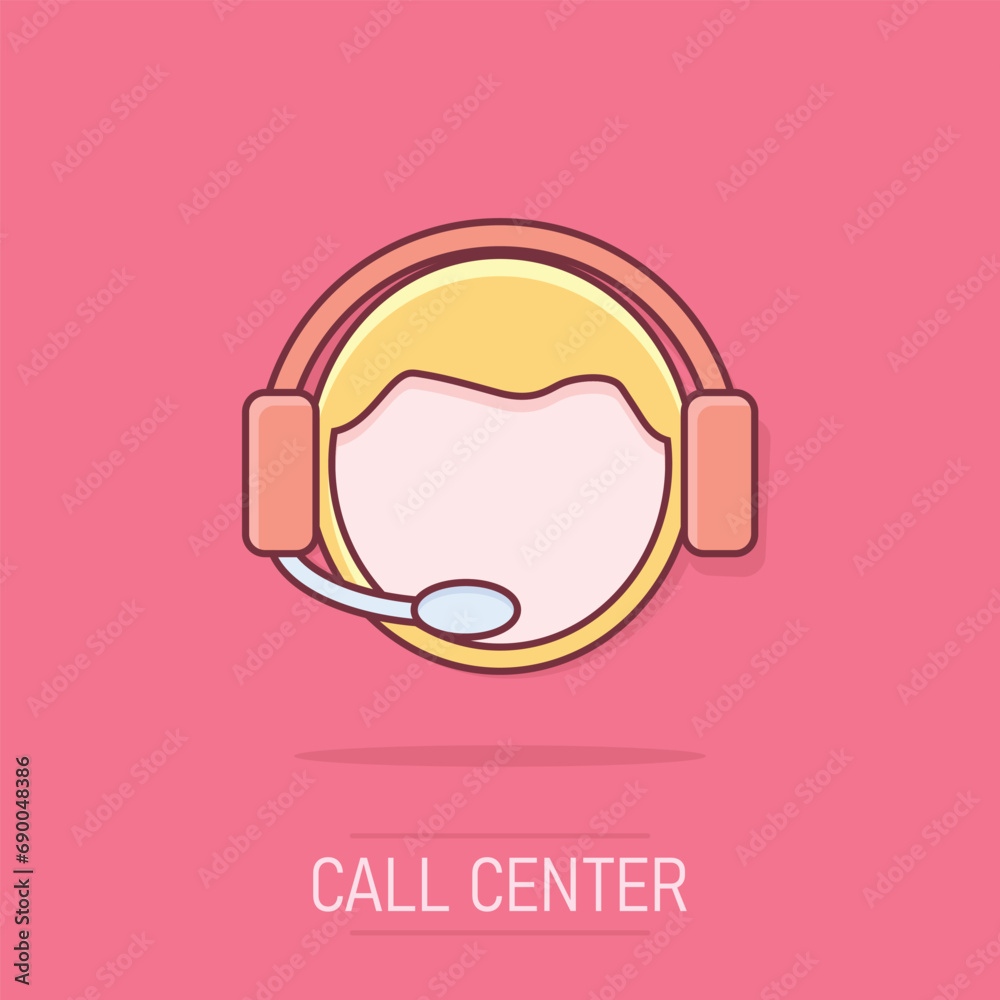 Vector cartoon operator with microphone icon in comic style. Operator in call center sign ...
