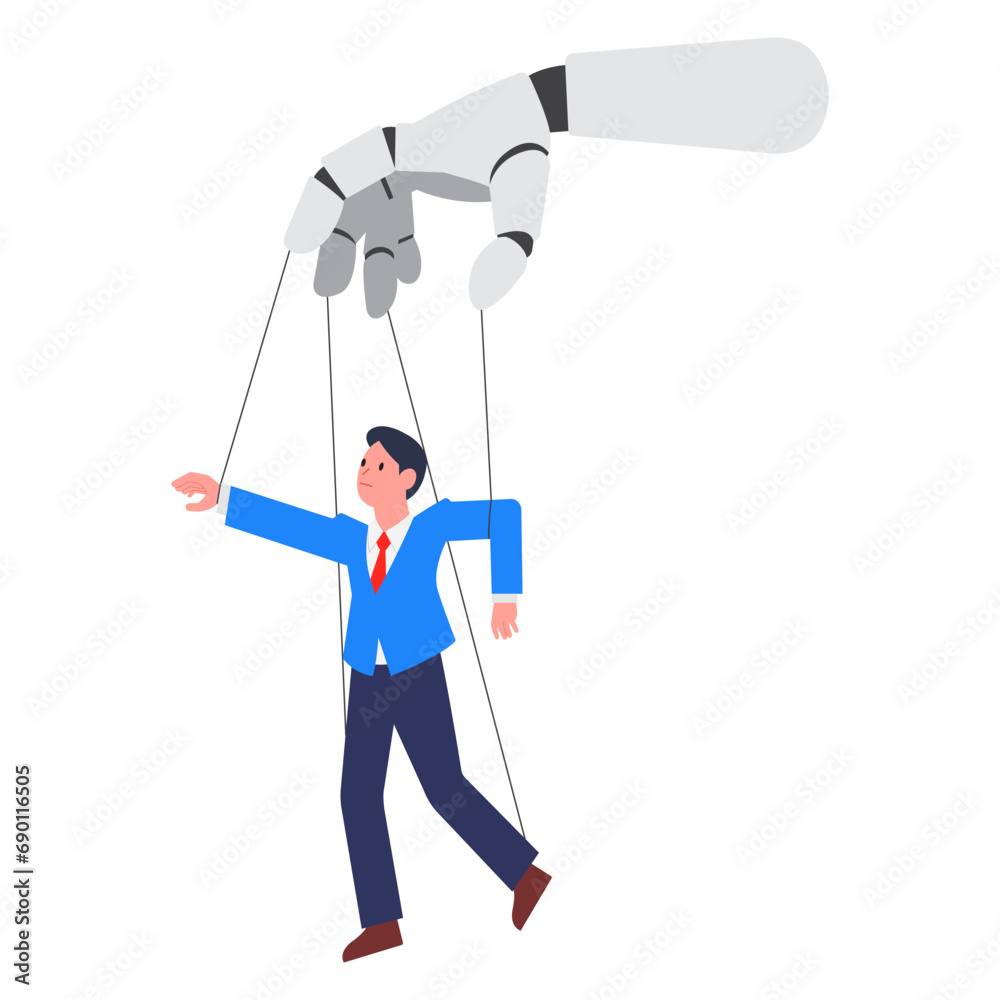 AI manipulation concept, Robot puppeteer controlling man. Marionette ...