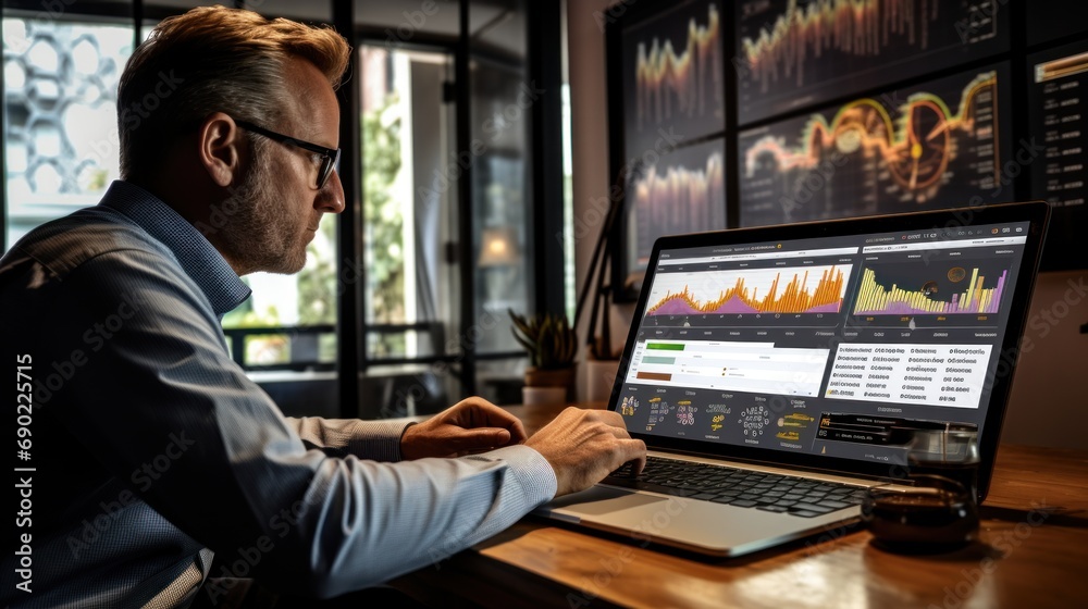 ภาพถ่าย Stock analyst uses computer and dashboard for data business ...