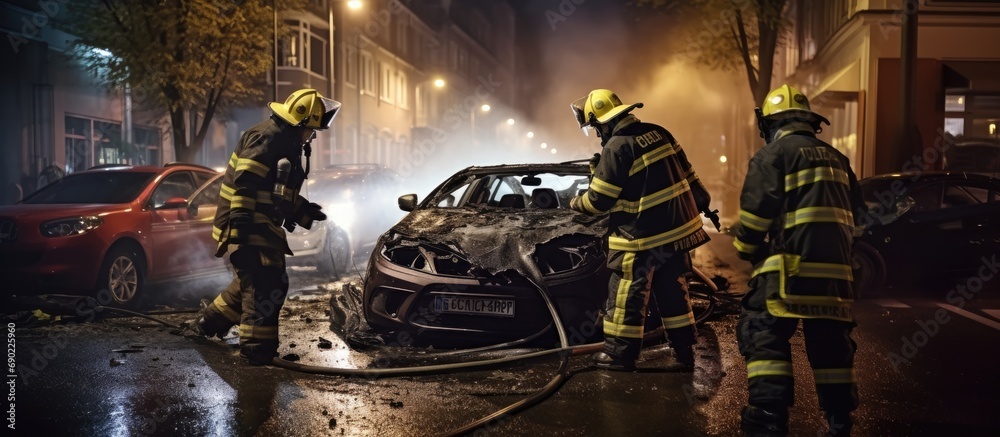 Group of fire men extinguishing and put out burning car crash after ...