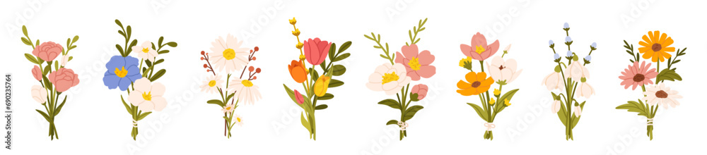 Flower bouquets. Garden blossoming flowers with stem and leaves, floral ...
