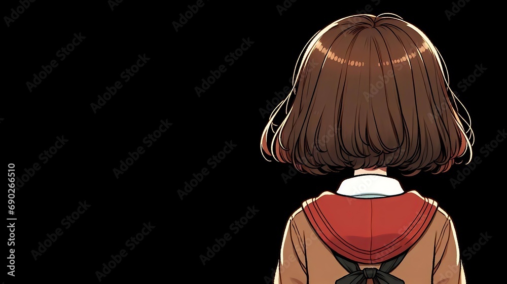 Anime-style young girl's backside with a black isolated background ...