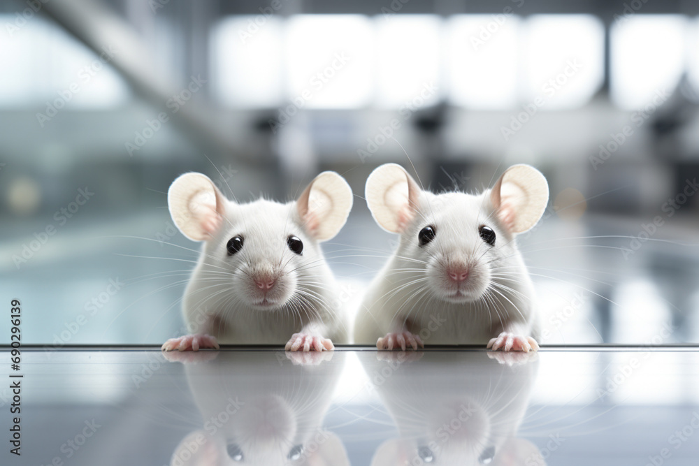 Two white laboratory mice with dark eyes in on metal lab office looking ...