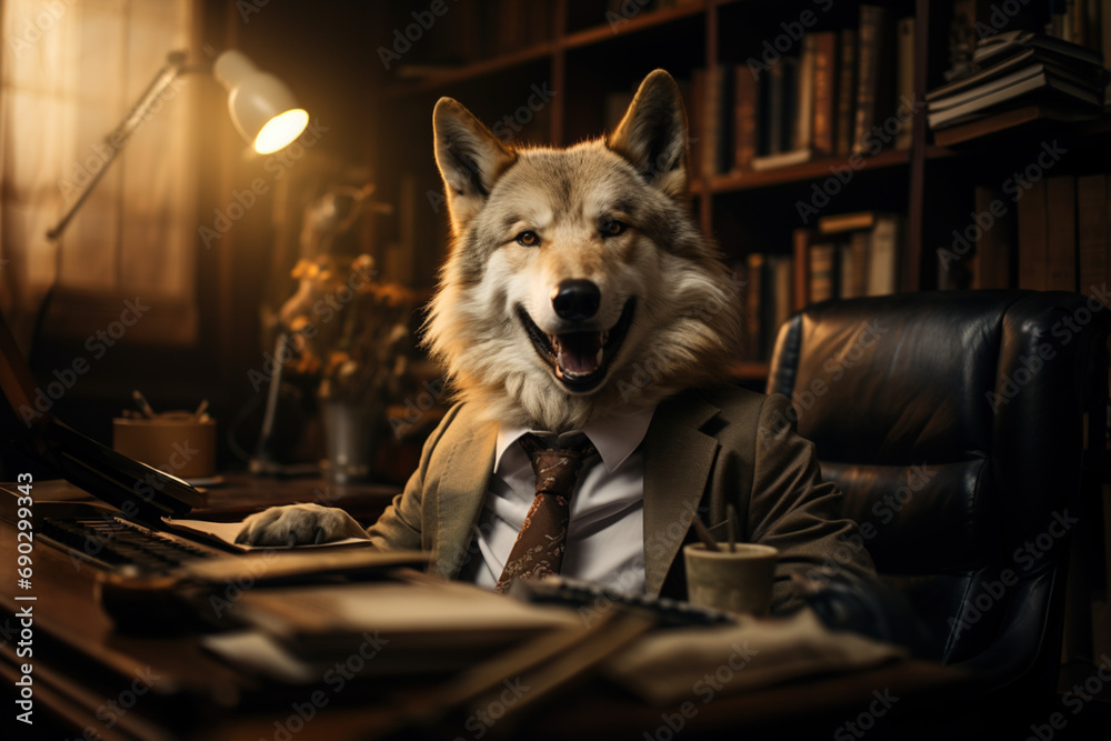 Smiling male wolf serious in an expensive formal suit, the king of ...