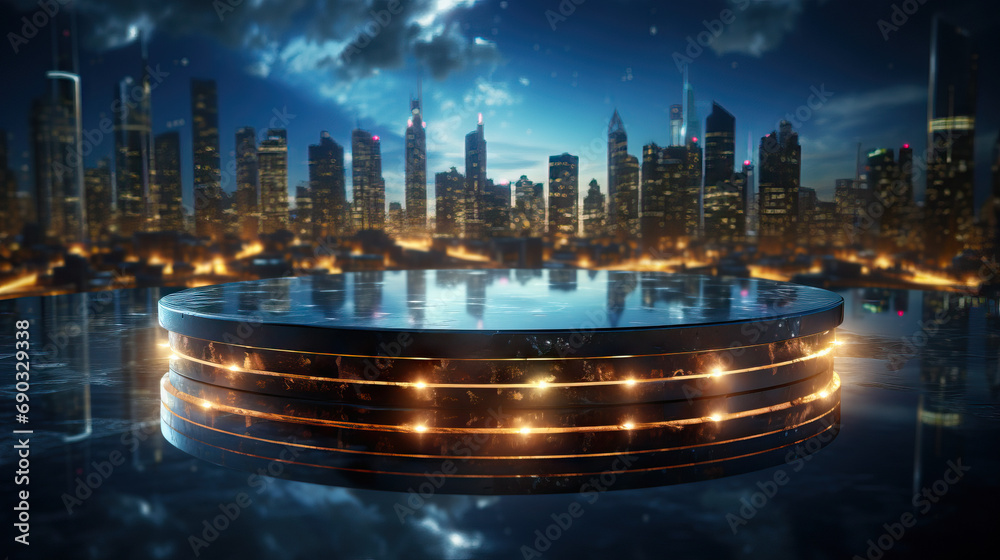 Product Launch Spotlight: Podium Amidst Night City Lights. Background ...