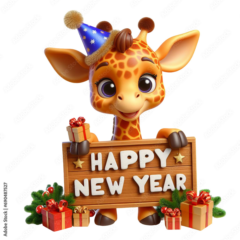 Cute Animal 3D Giraffe Holding 'Happy New Year' Board and Wearing Party ...